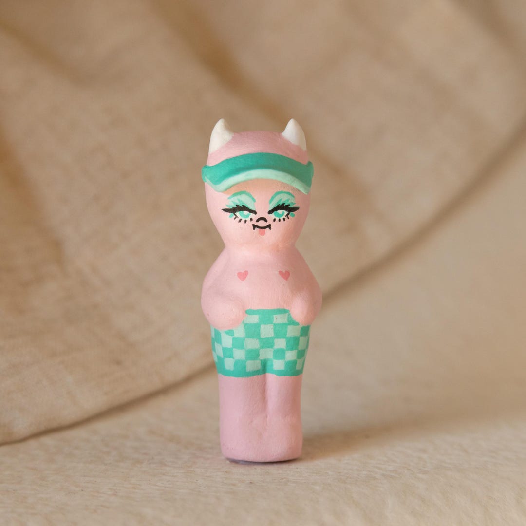 Hand-painted Devil Clay Doll Figurine, Mini Sculpture, Handmade Figure ...