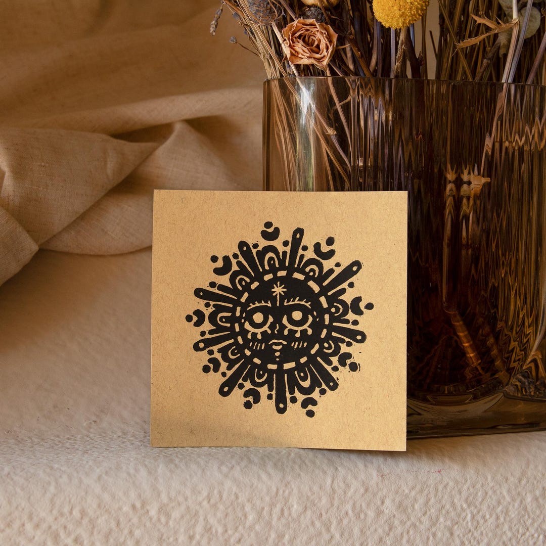 El Sol Linocut Art Print - Handmade Sun Illustration, 5x7 Mini Print - Etsy