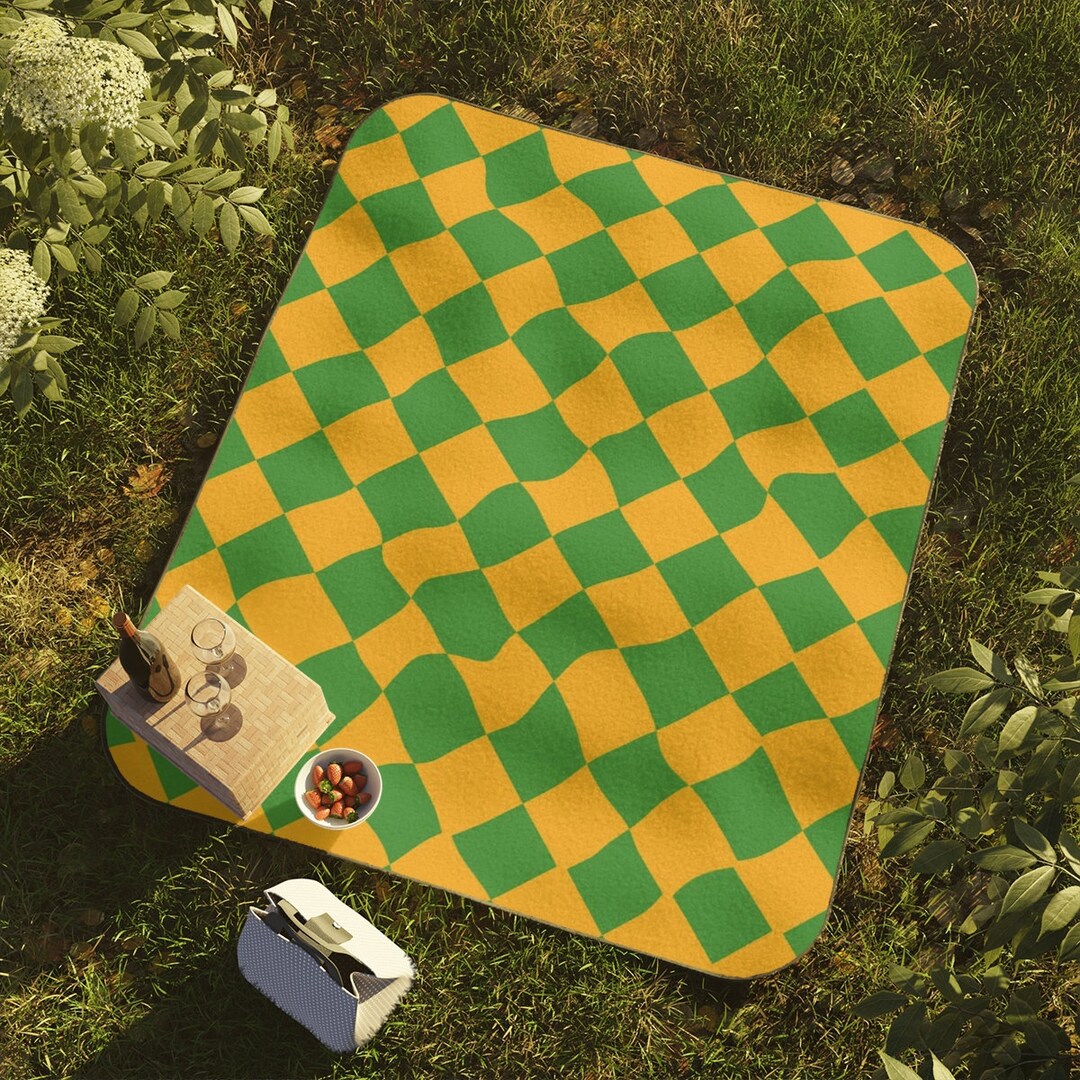 Green & Yellow Checkered Picnic Blanket: Water-resistant Outdoor ...