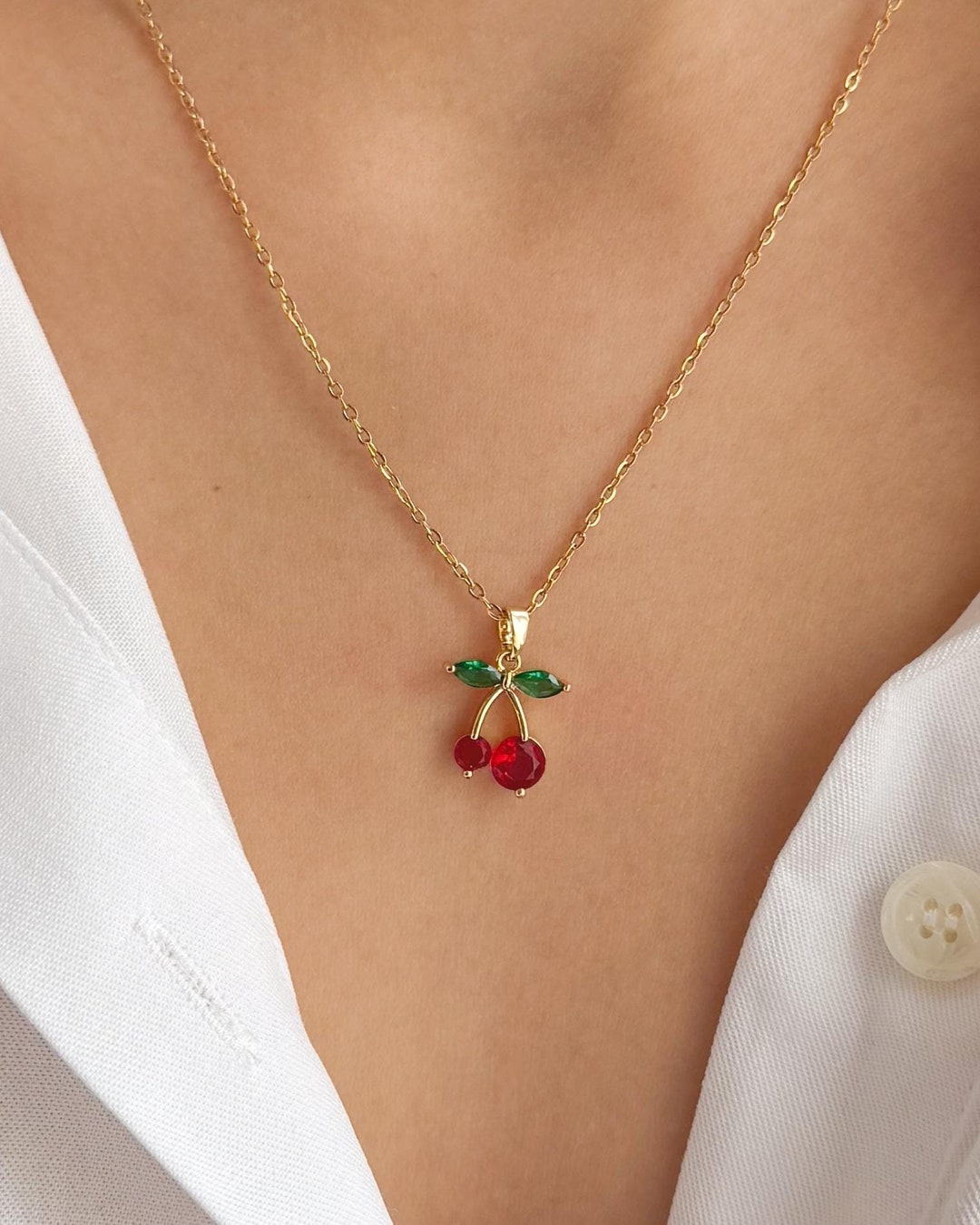 Gold Cherry Necklace | Cherry Necklace, Fruit Necklace, 18k Gold Plated ...