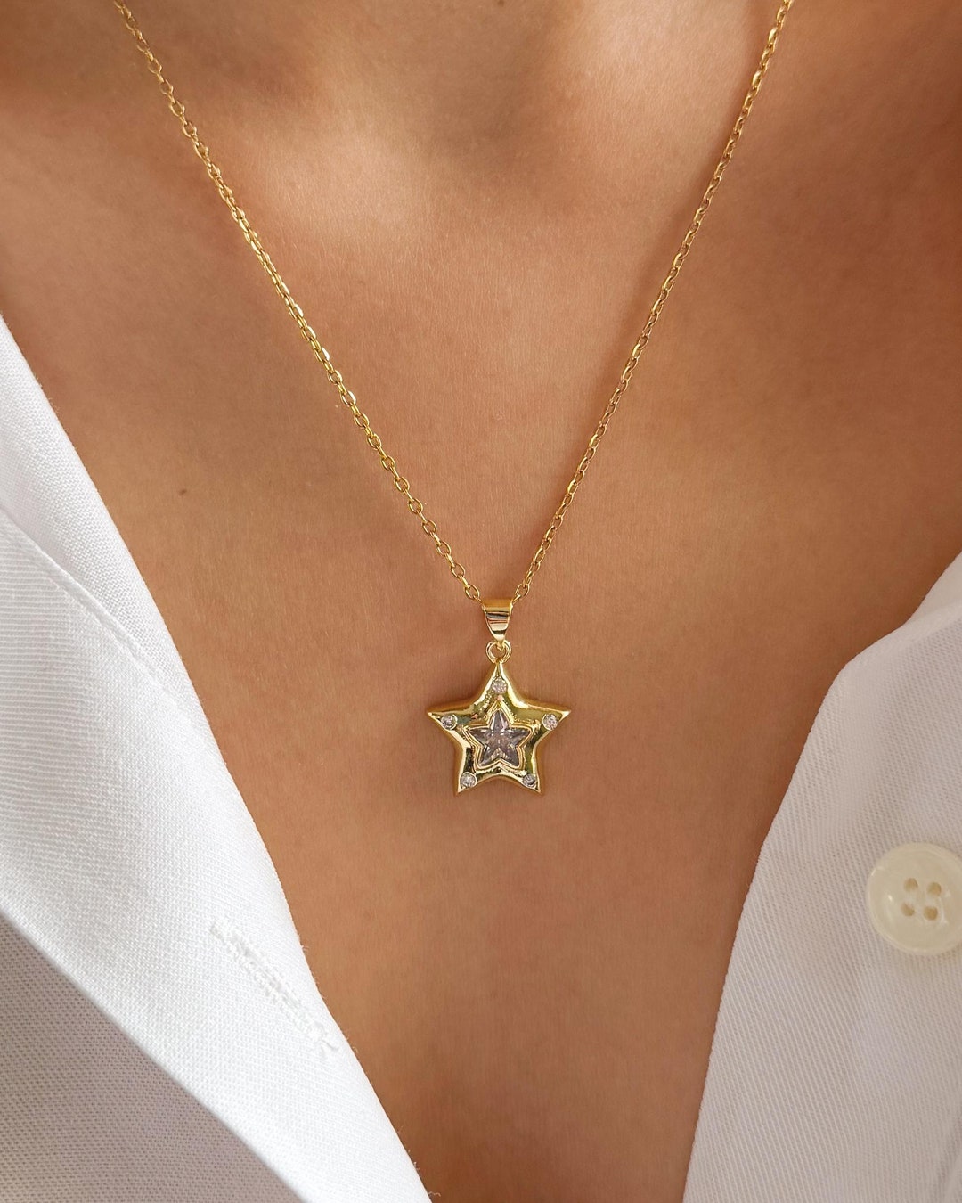 Gold Star Necklace | Unique Star Necklace, Moon Star Necklace, 18K Gold ...