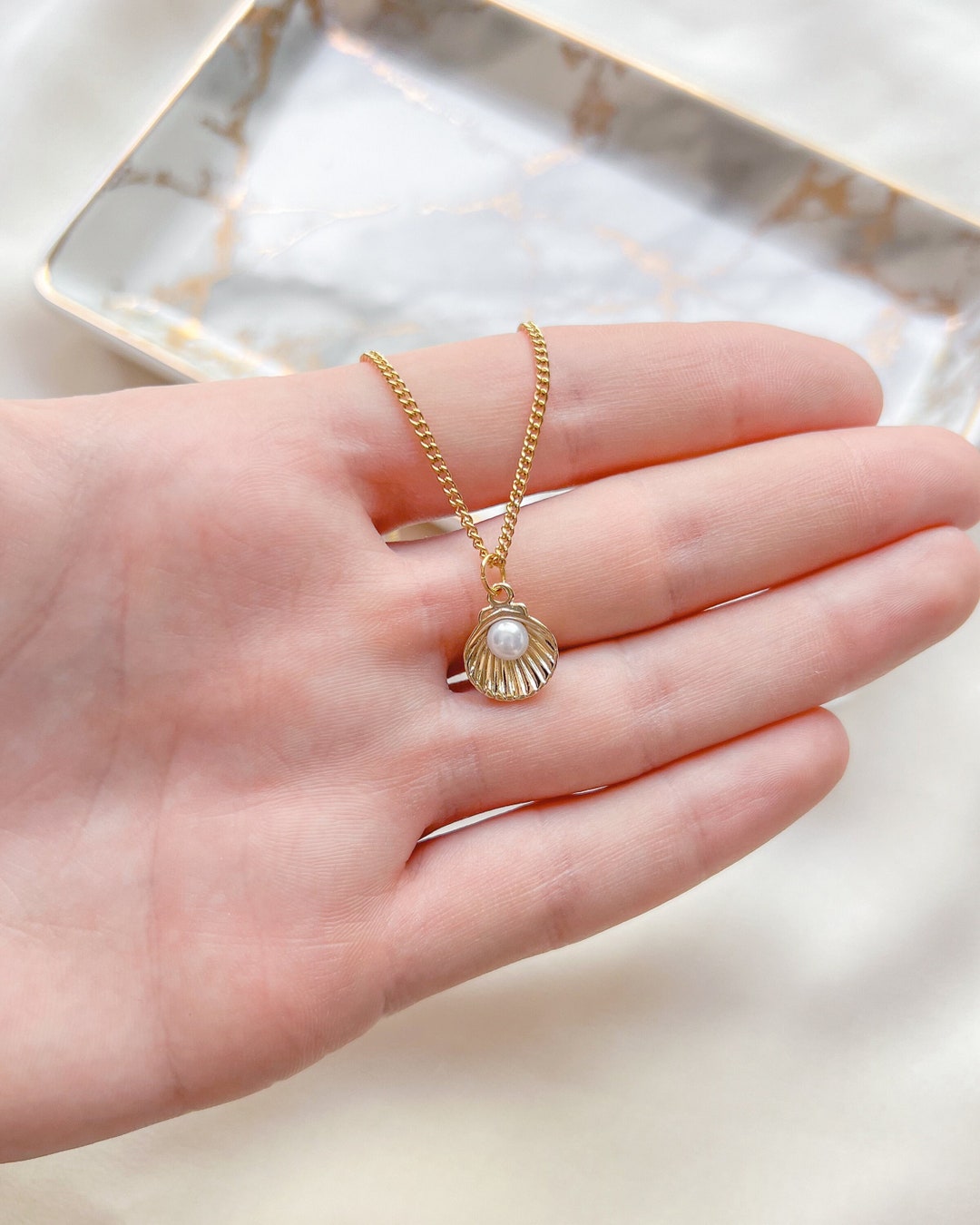 Seashell Charm Necklace With Pearl 14K Gold Plated, Seashell Necklace ...