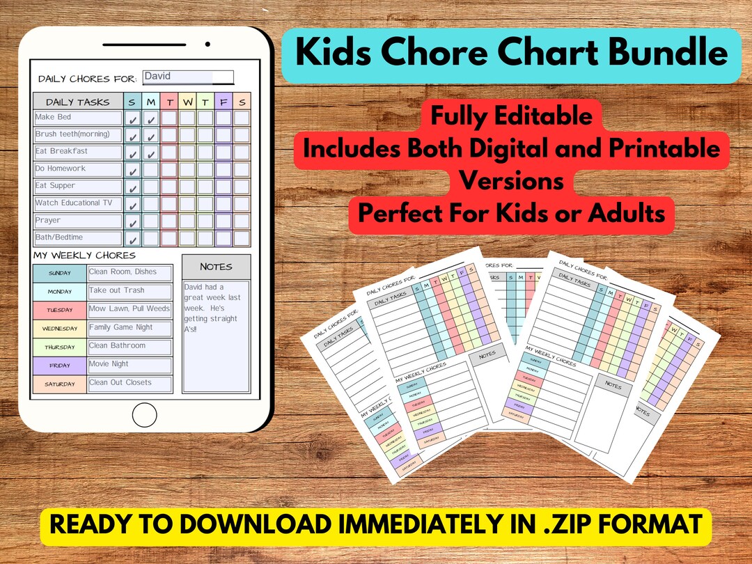 Editable Chore and Responsibilities Chart, Kids Teens Weekly & Daily ...