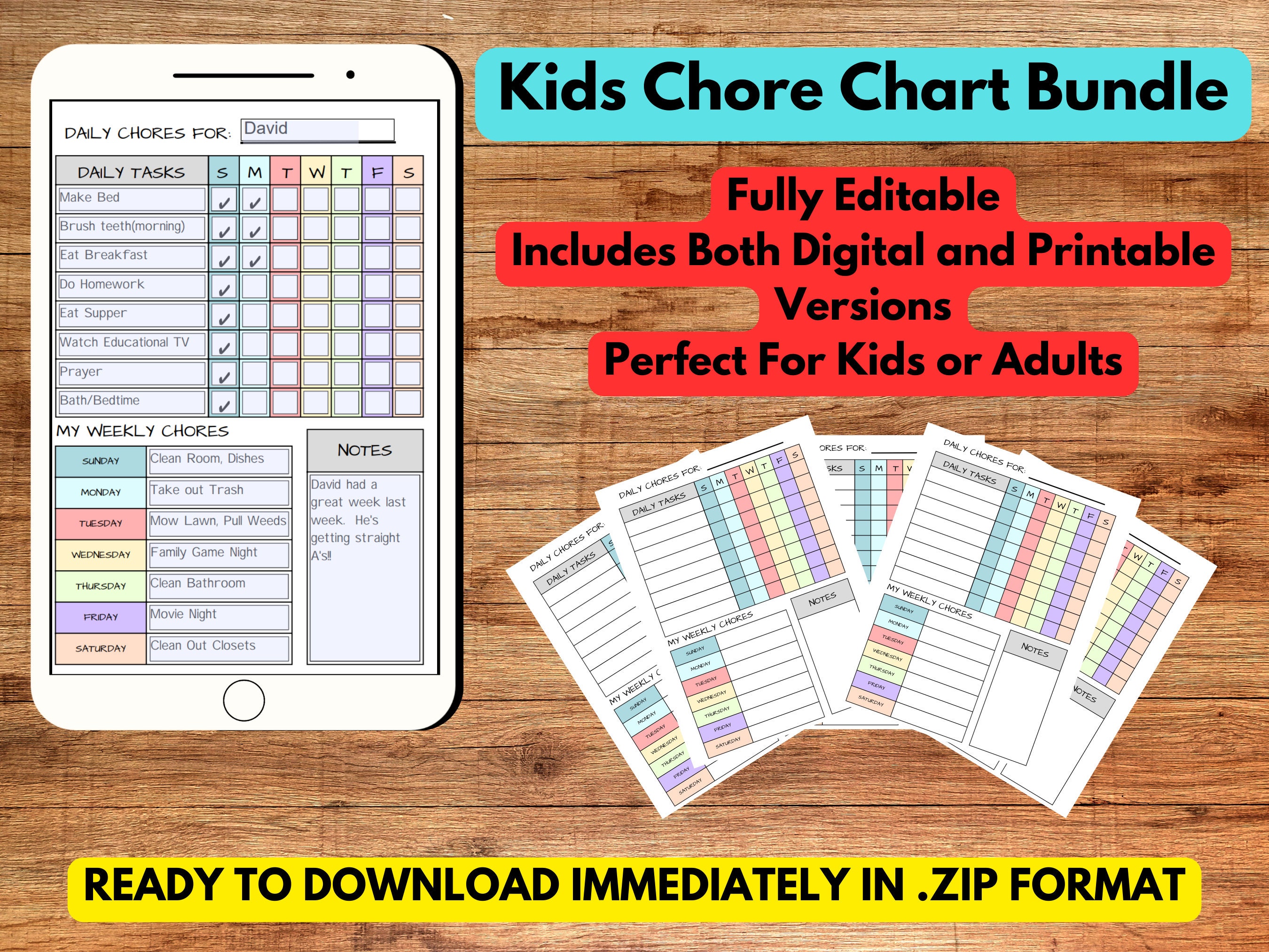 Editable Chore and Responsibilities Chart, Kids Teens Weekly & Daily ...