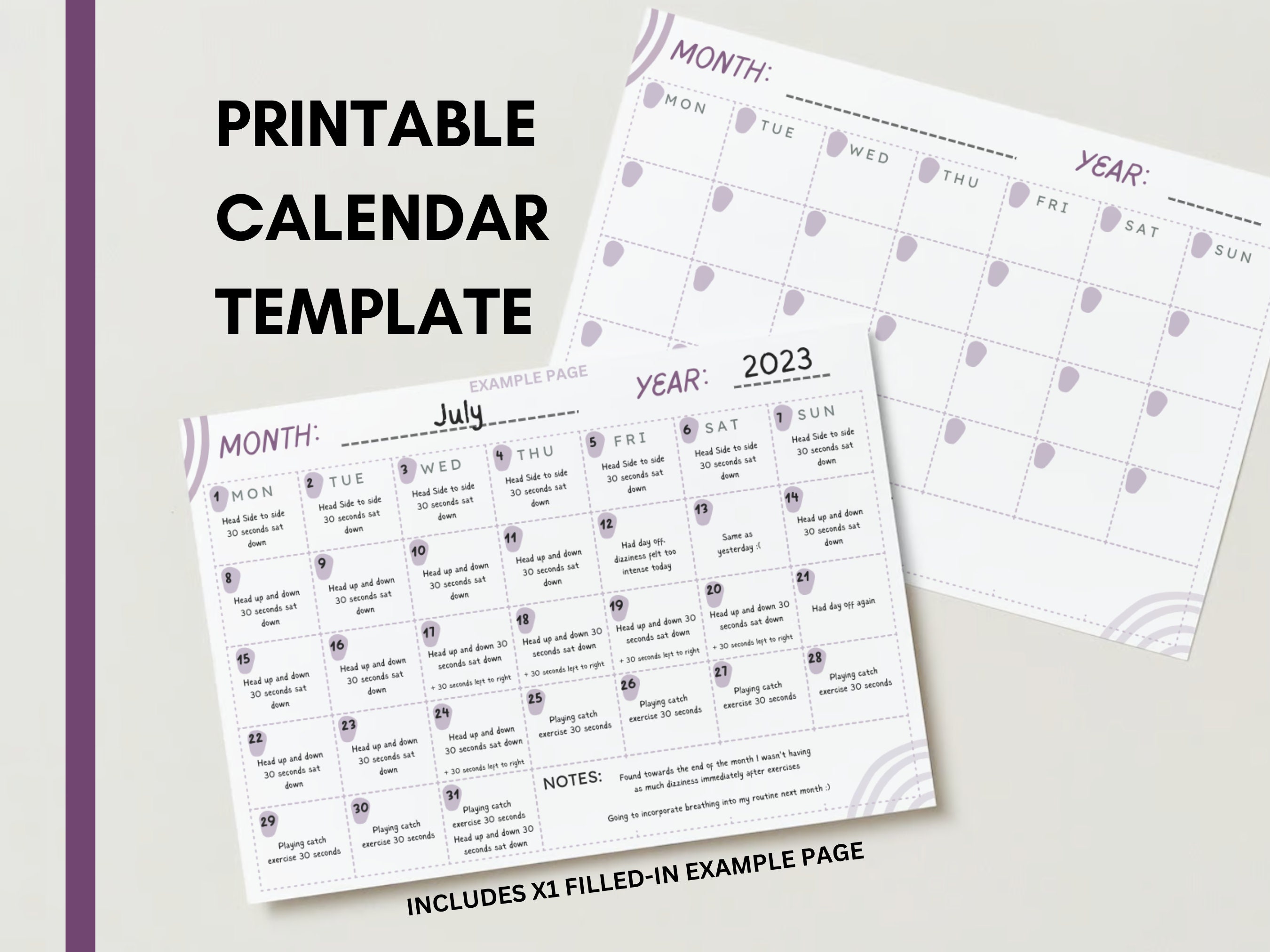 Printable Vestibular Exercises Calendar Template - Etsy