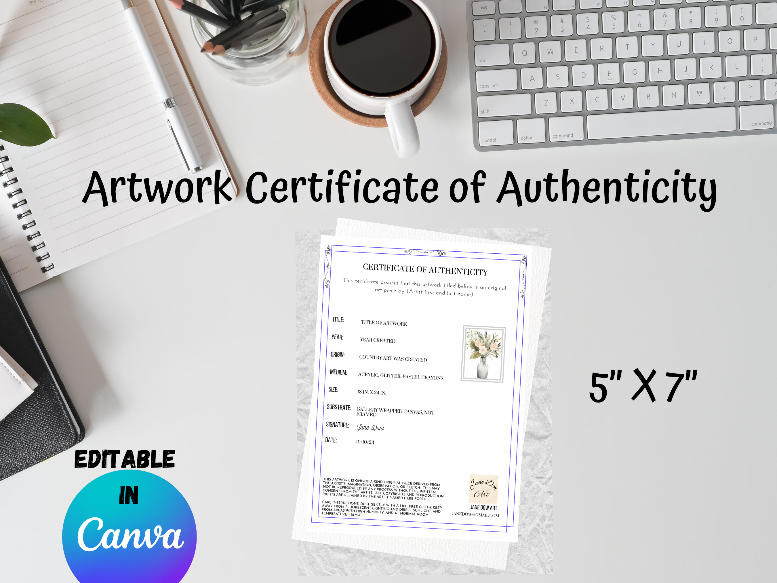 Artwork Certificate of Authentication Template Editable and Printable ...