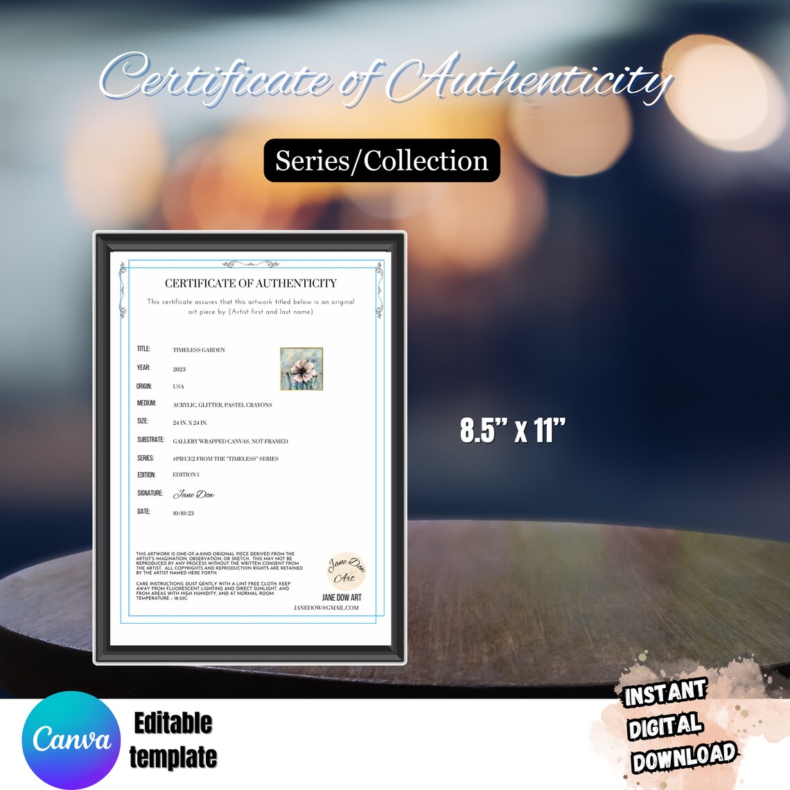 Wall Art Certificate of Authentication Series Template Editable Art ...