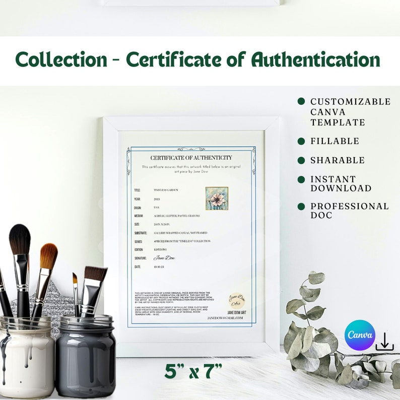 Certificate of Authentication Series Vertical Template for Artists ...
