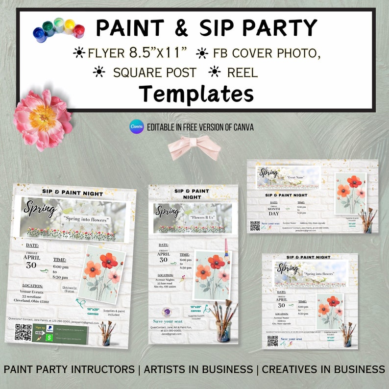 Paint and Sip Party Template Bundle: Flyer, FB Cover, Instagram (canva ...