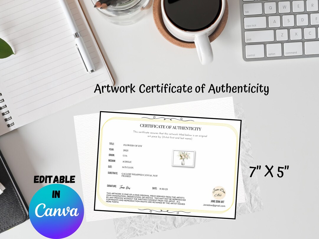 Artist Certificate of Authentication Template| Editable & Printable ...