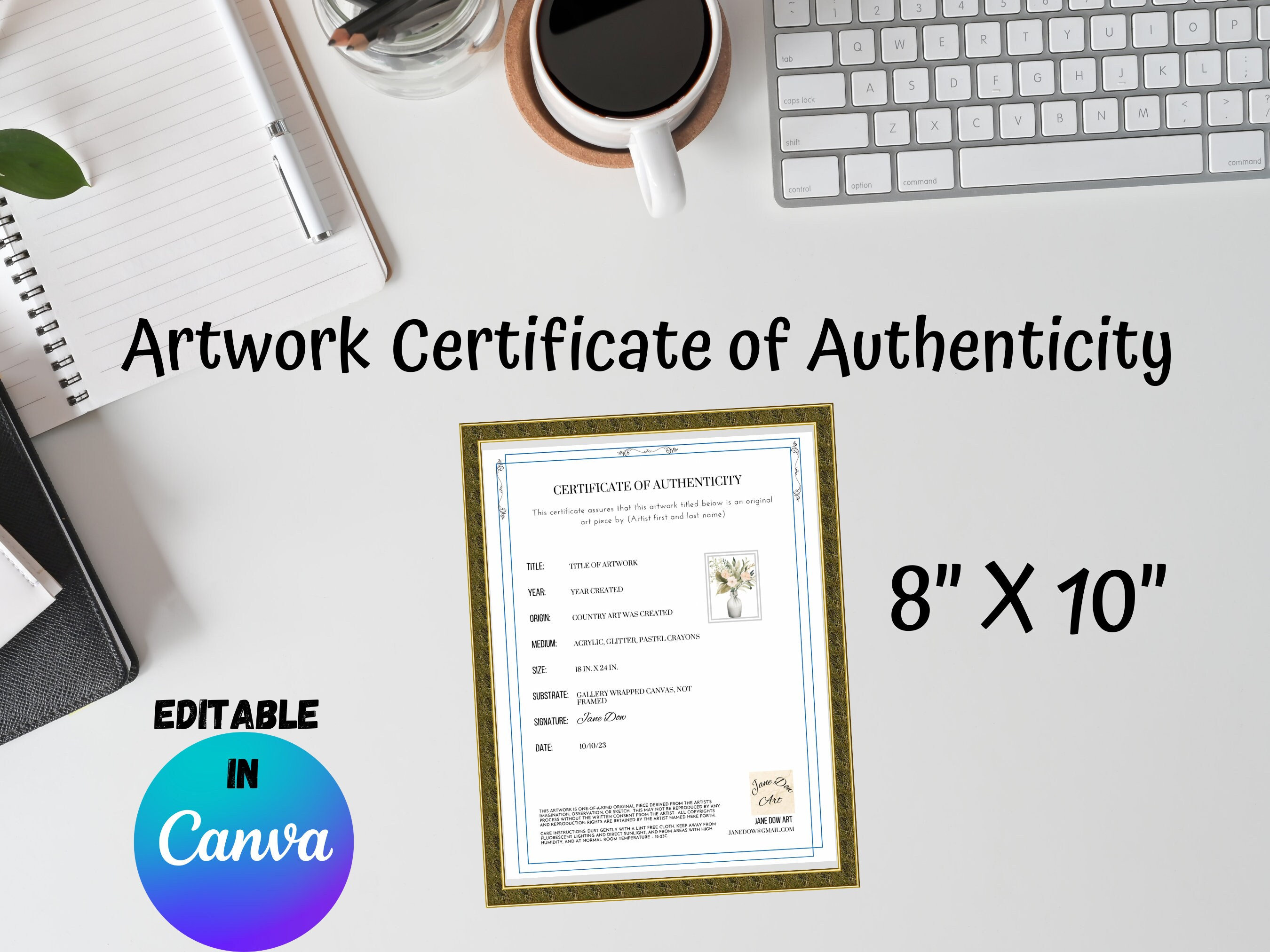 Artist Certificate of Authentication Template, Editable Printable ...