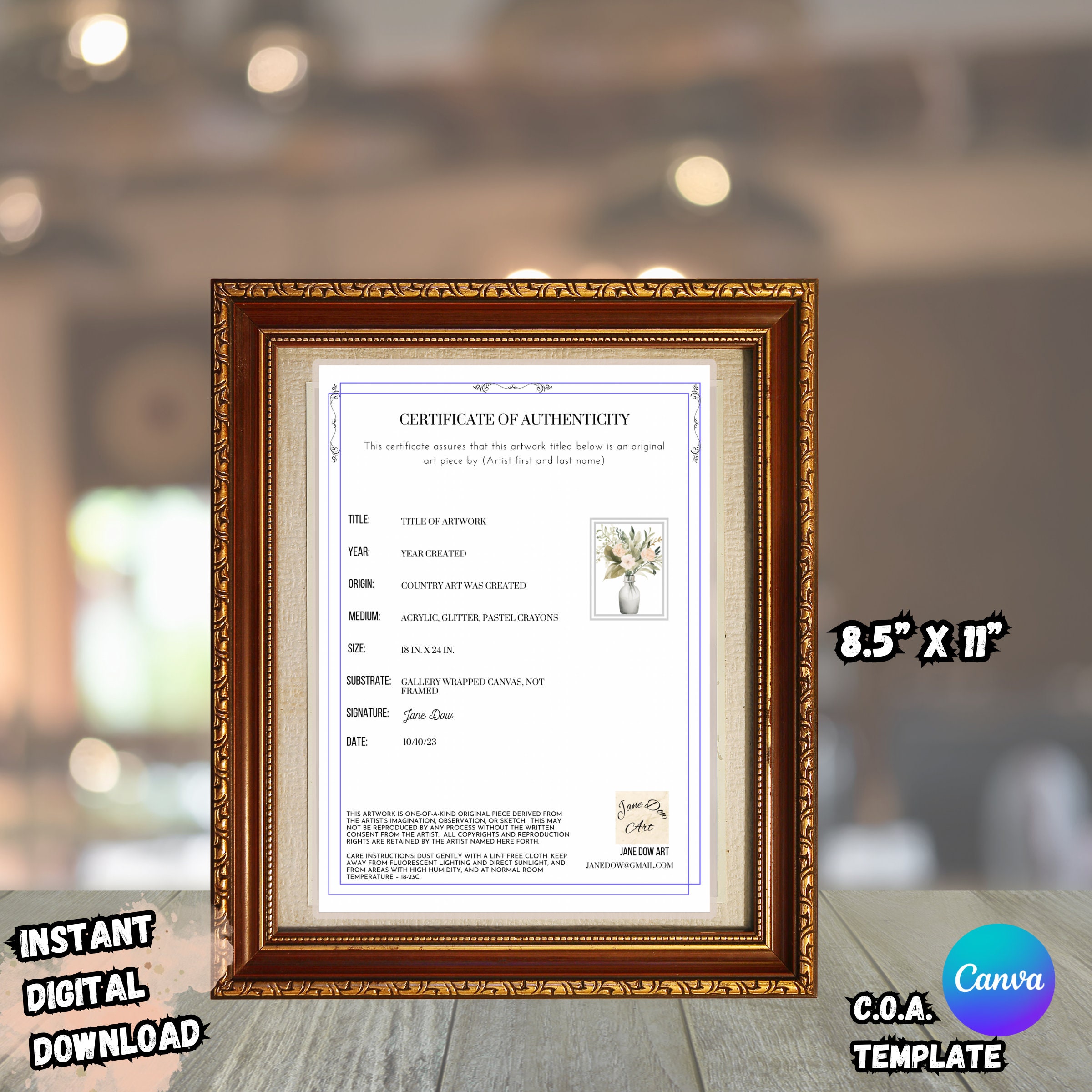 Wall Art Vertical Certificate of Authentication Template, Editable ...
