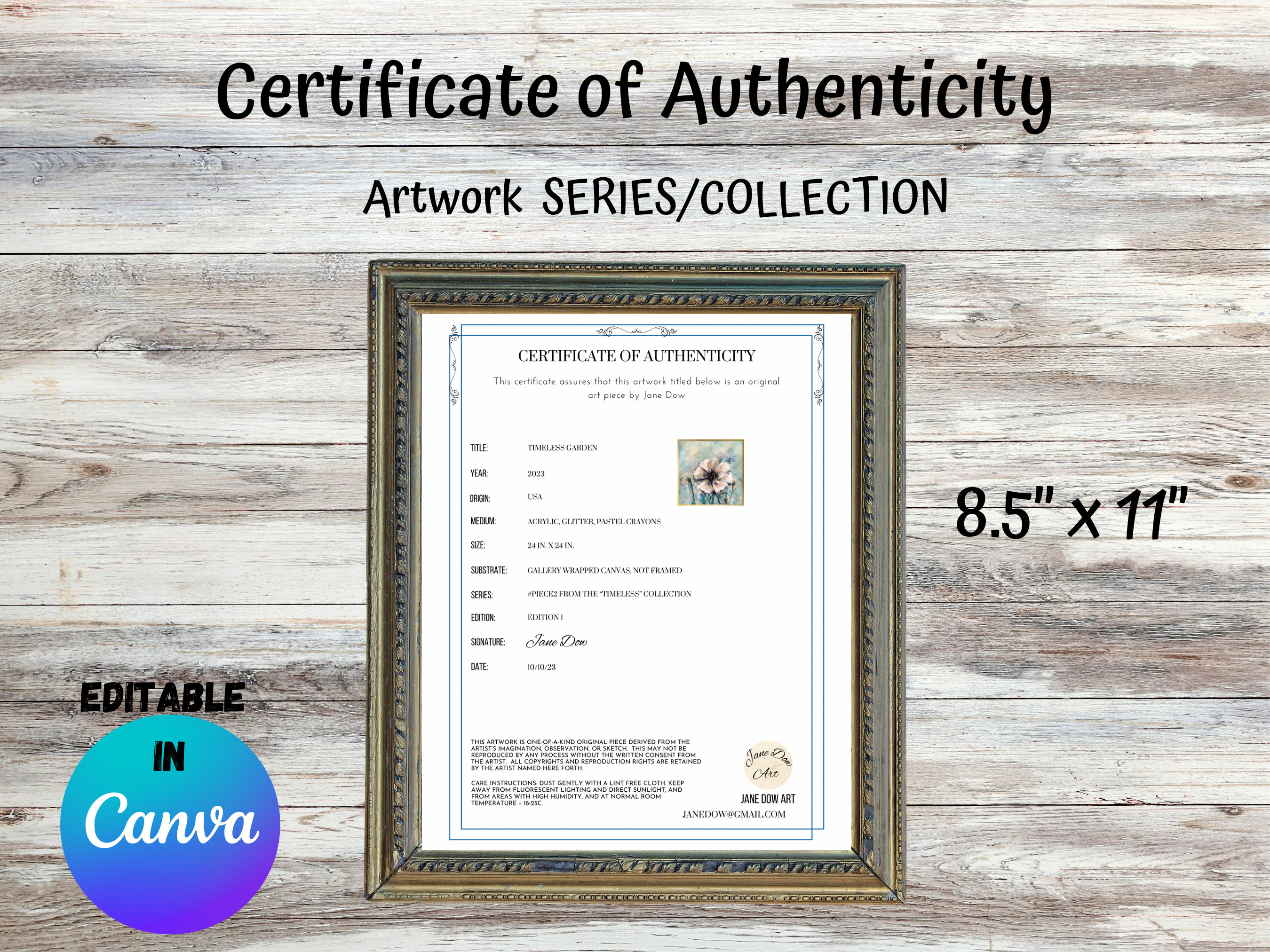 Wall Art Certificate of Authentication Series Template| Editable Art ...