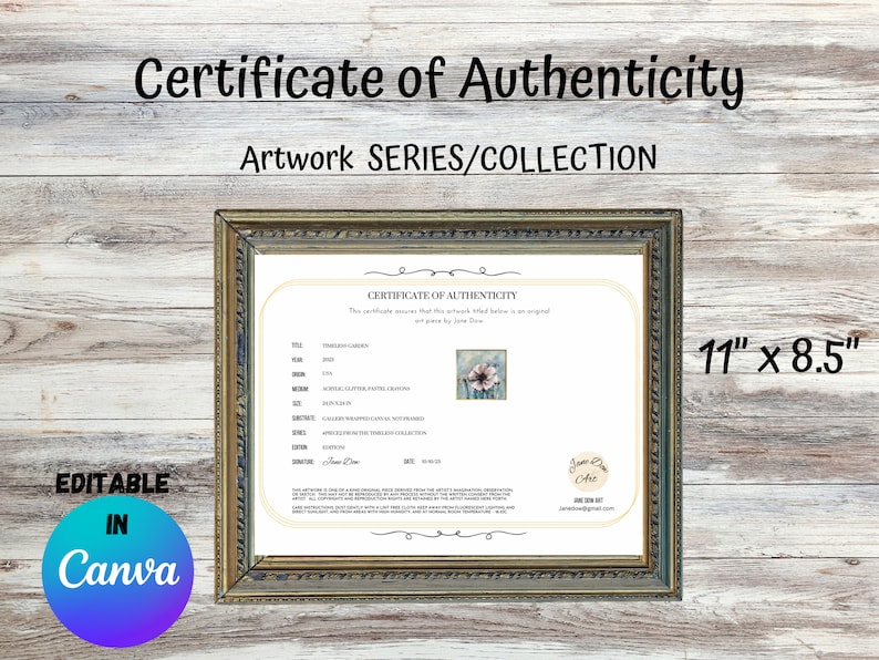 Wall Art Certificate of Authentication Canva Template, Editable ...
