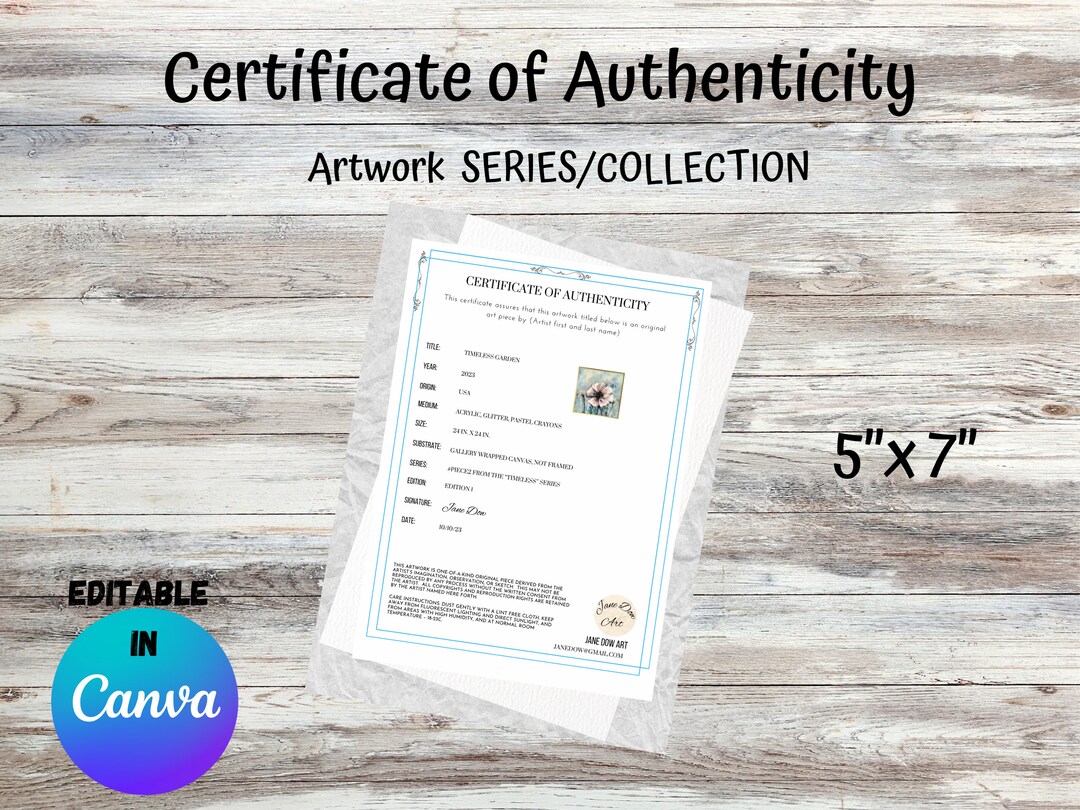 Certificate of Authentication Series Vertical Template for Artists Editable Printable ...