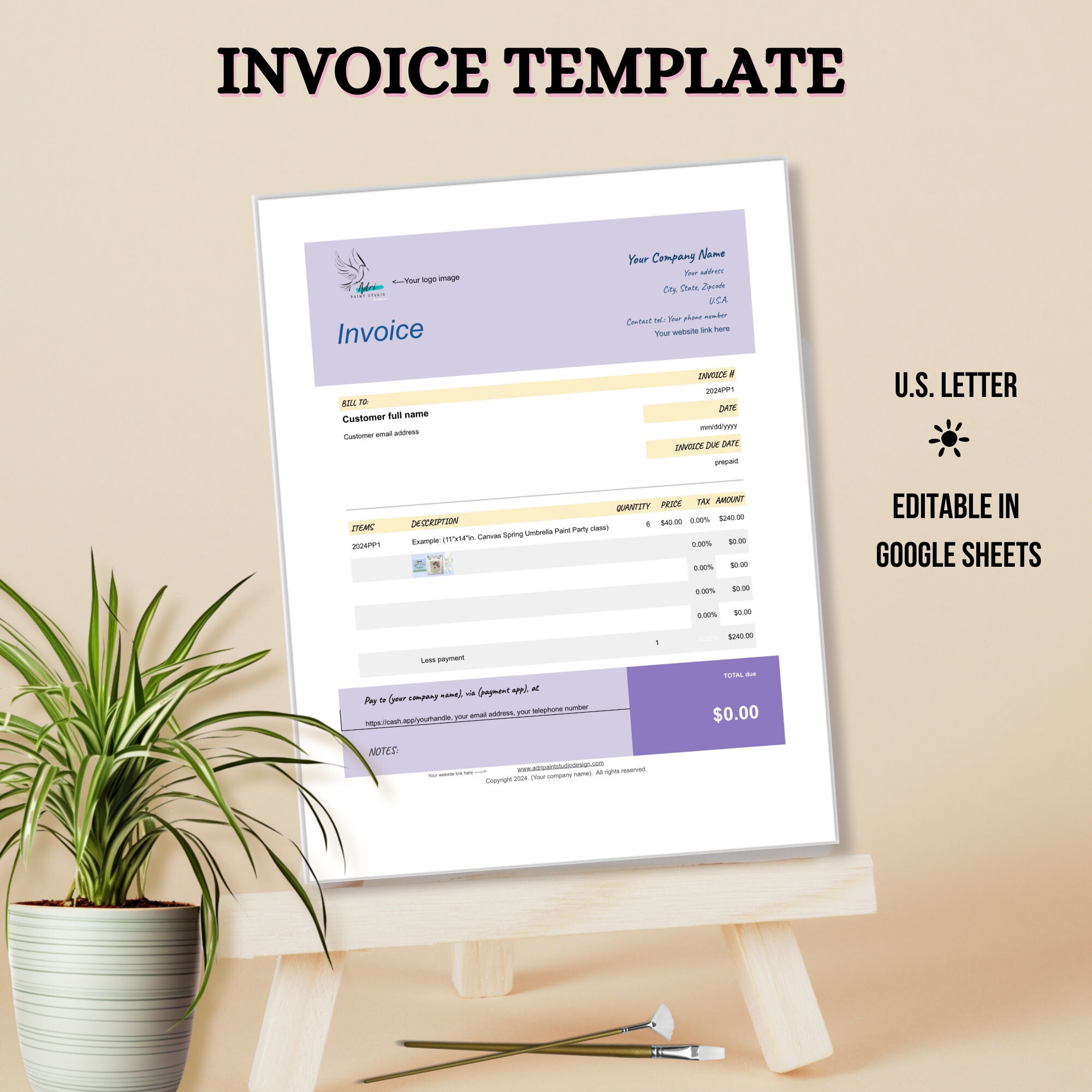 Paint Party Invoice Template: Editable Google Sheet (digital Download ...