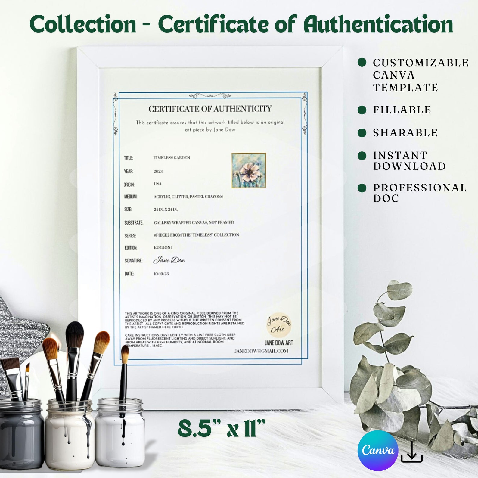 Wall Art Certificate of Authentication Series Template| Editable Art ...
