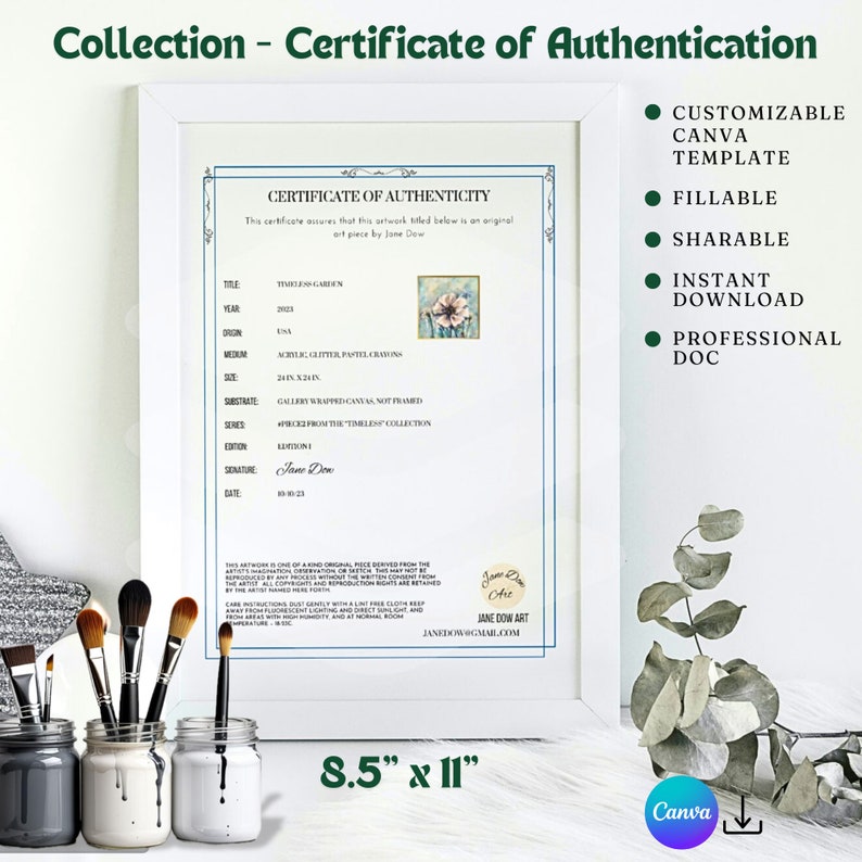 Wall Art Certificate of Authentication Series Template| Editable Art ...