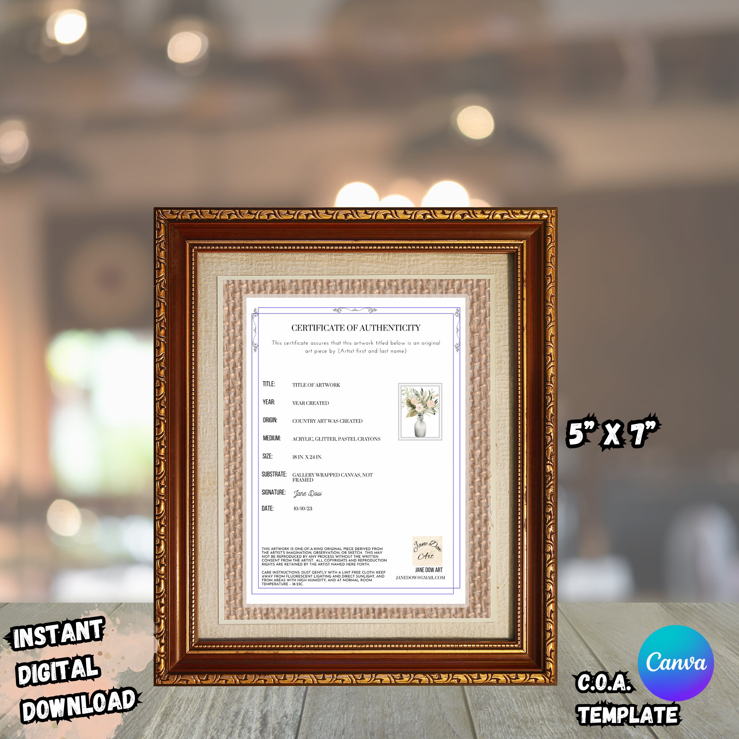 Artwork Certificate of Authentication Template Editable and Printable ...