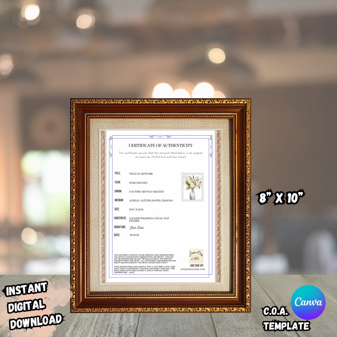 Artist Certificate of Authentication Template, Editable Printable ...