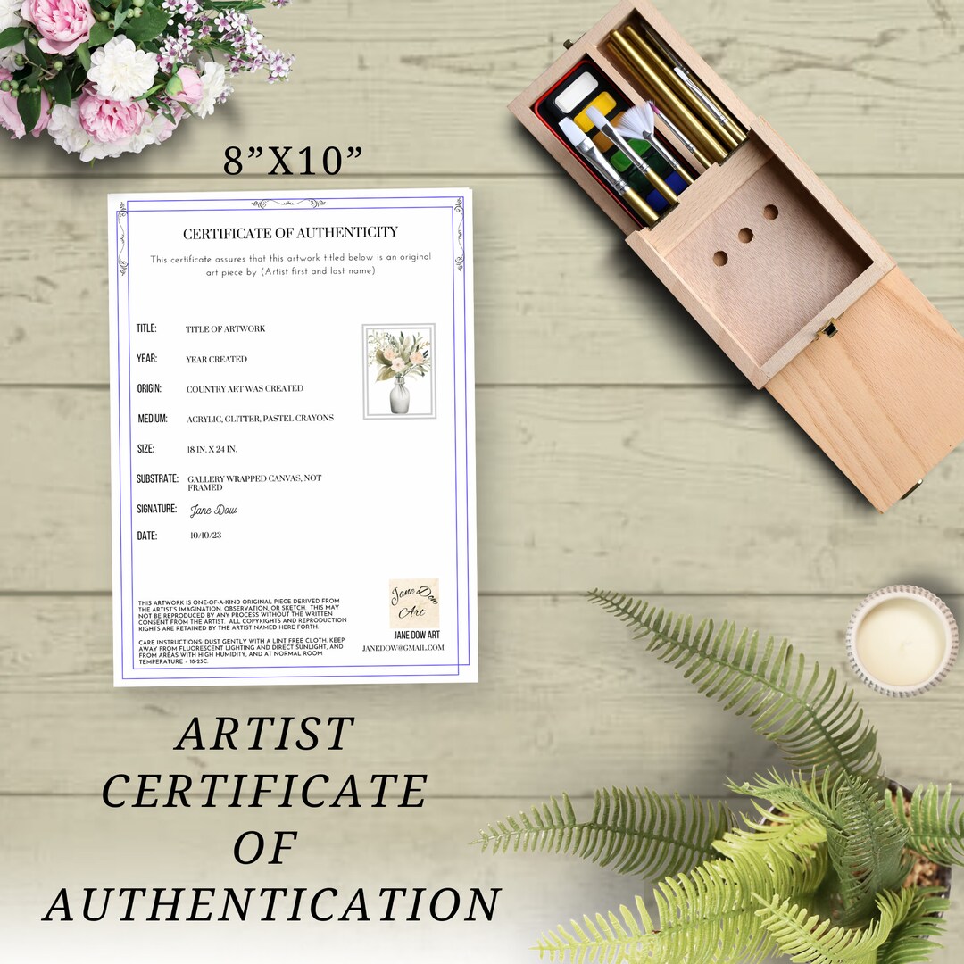 Artist Certificate of Authentication Template, Editable Printable ...