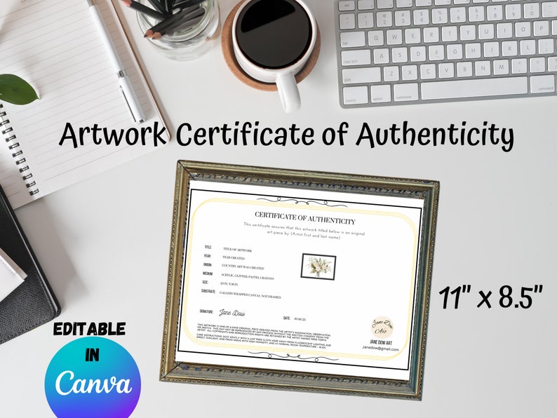 Wall Art Certificate of Authentication Template, Editable Artist ...