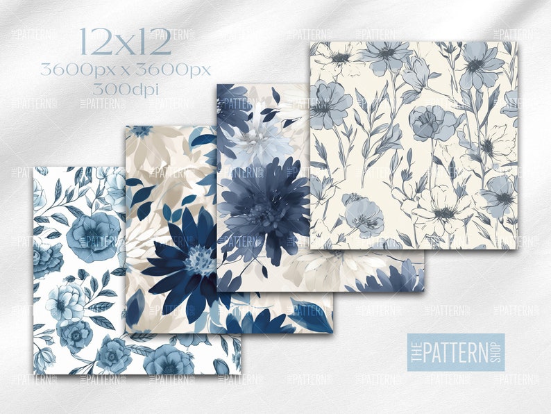 Seamless Blue Floral Pattern, Blue Floral Digital Paper, Blue Flower ...