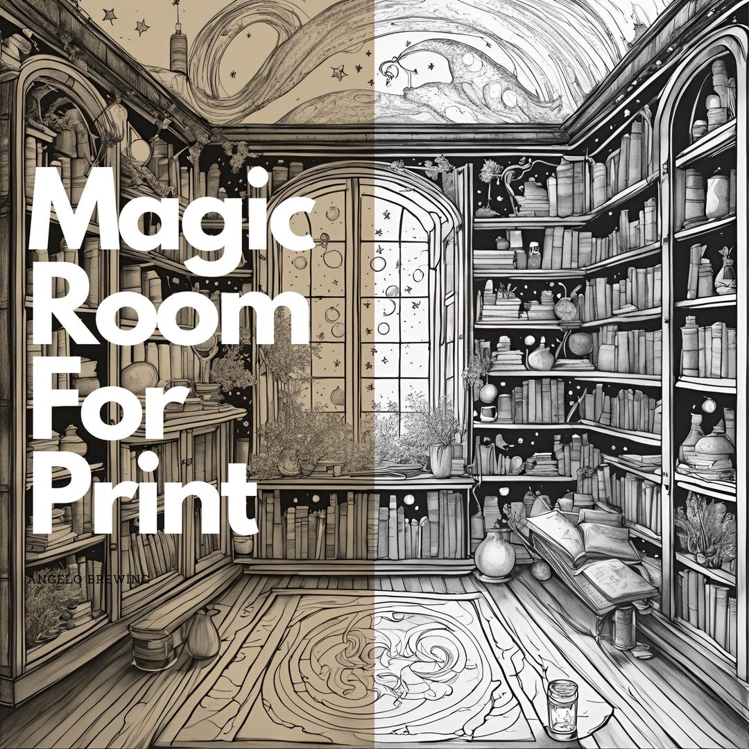 Set Fantasy Room Coloring Pages for Adults, Enchanted Study, Magical ...