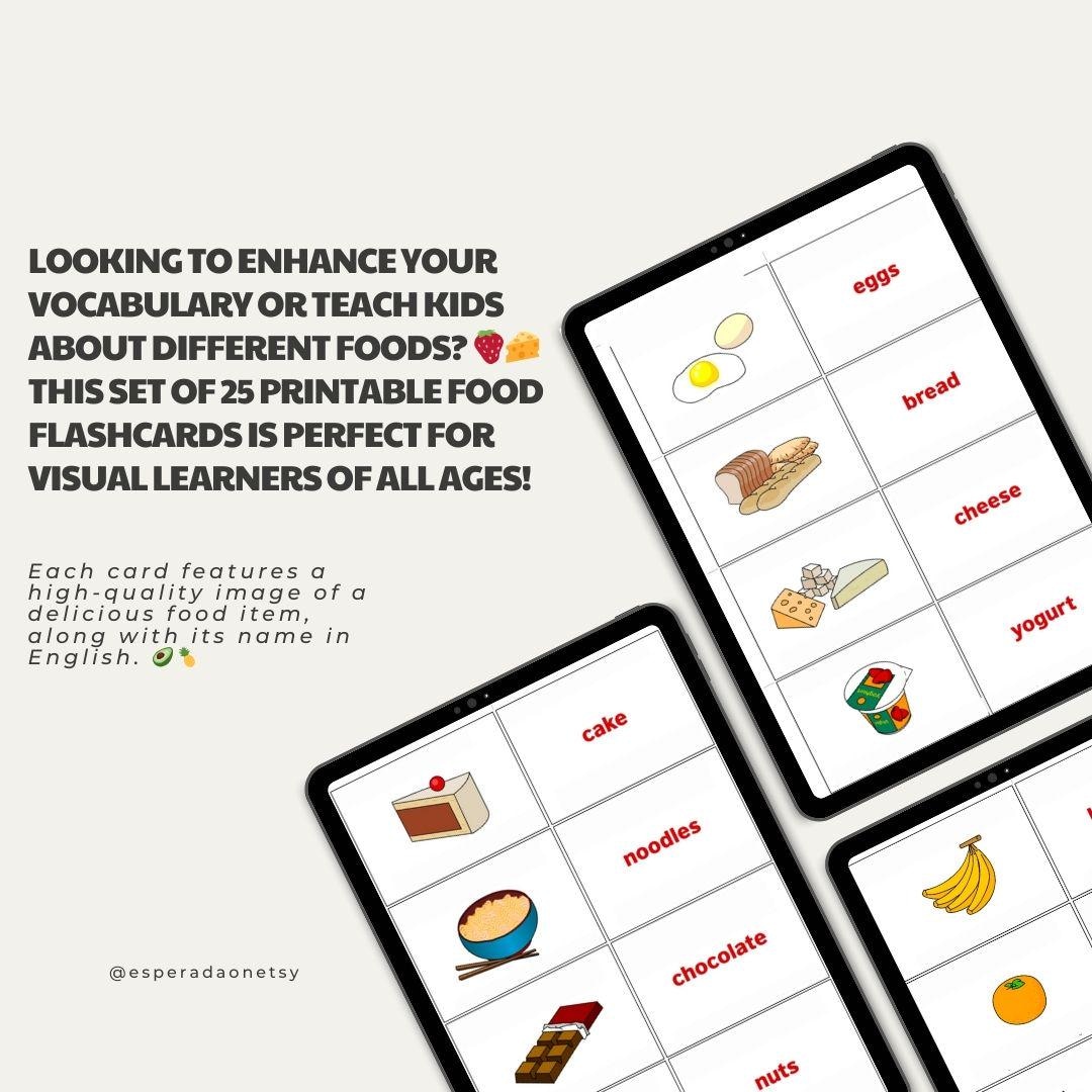25 Printable Food Flashcards - High-quality Visual Learning Cards for ...