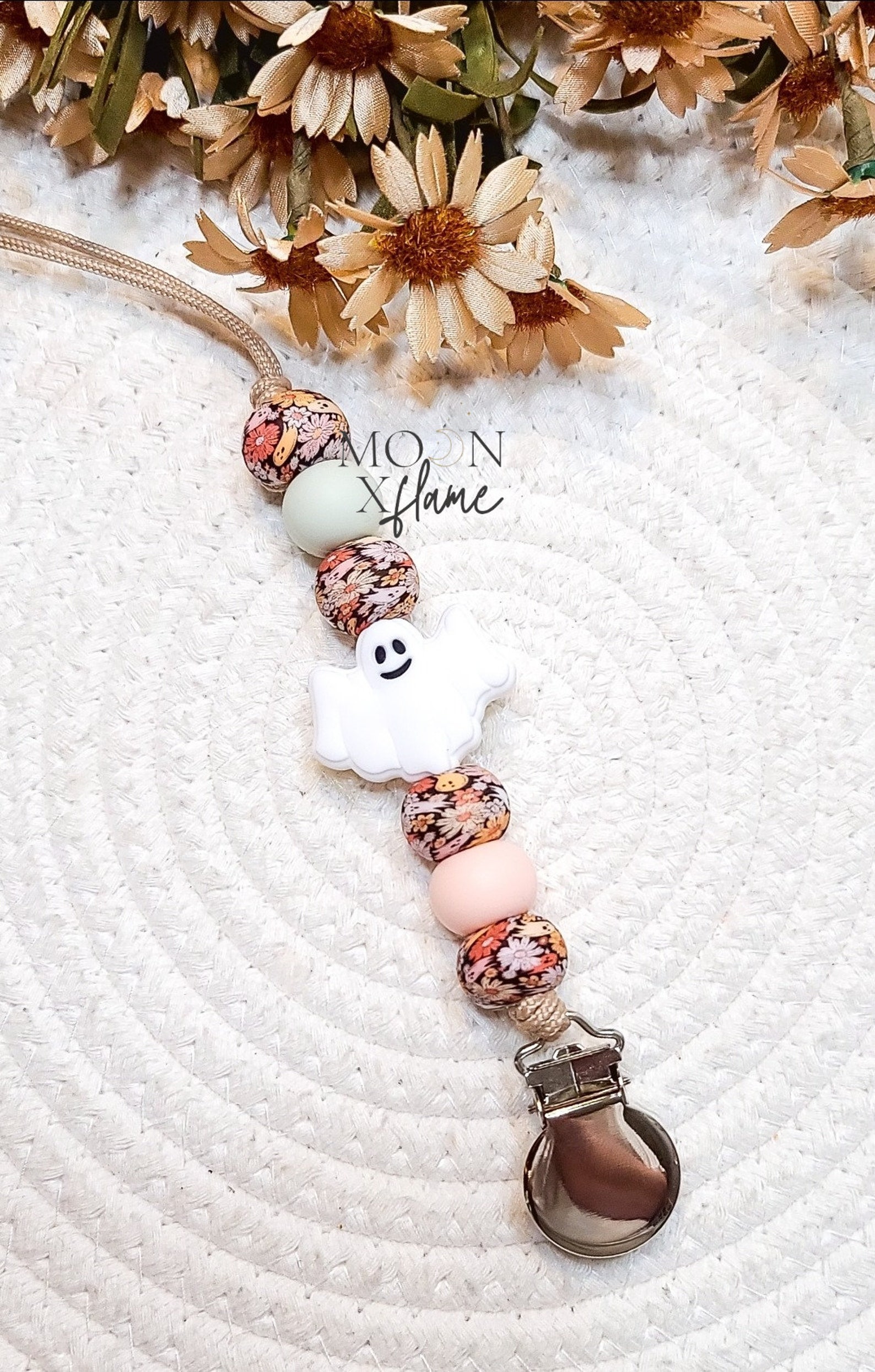 Floral Boho Ghost Pacifier Clip, Halloween Binky Clip, Baby Girl ...