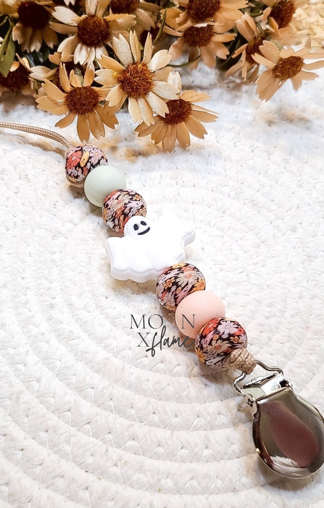 Floral Boho Ghost Pacifier Clip, Halloween Binky Clip, Baby Girl ...