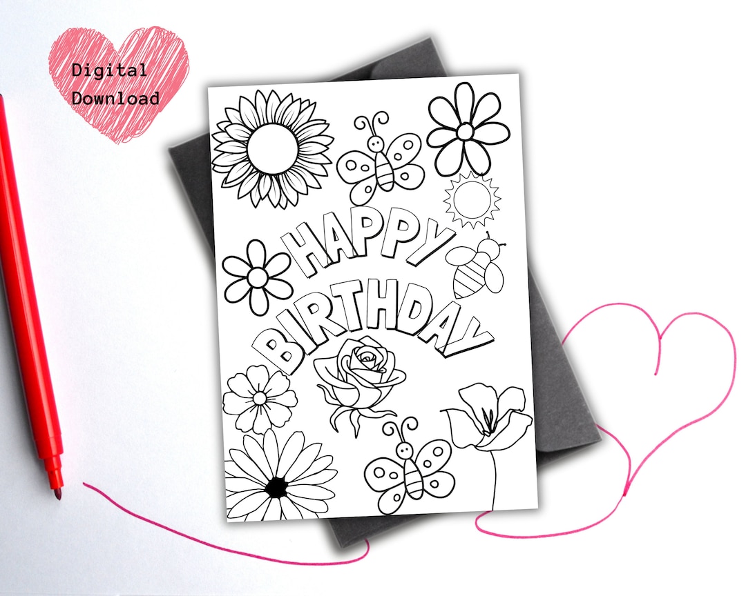 PRINTABLE Happy Birthday Coloring Card, Birthday Card, , Birthday Color ...