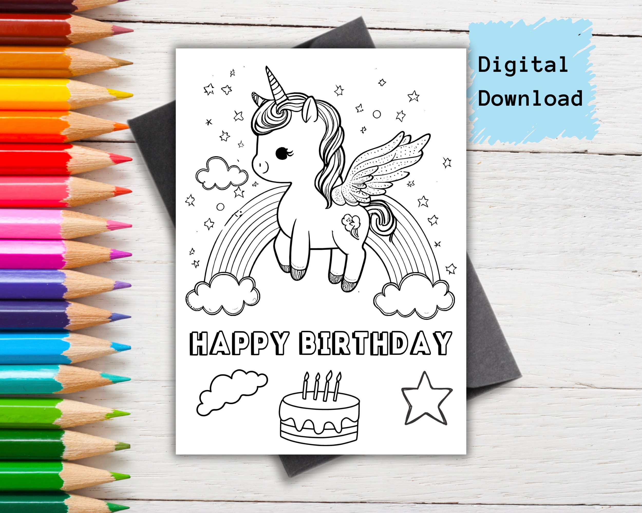 PRINTABLE Happy Birthday Coloring Card, Unicorn Birthday Card, Birthday ...