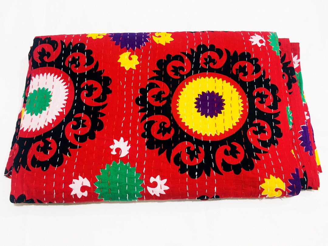 Red Floral Suzani Kantha Quilt: Handmade Bohemian Bedspread - Etsy