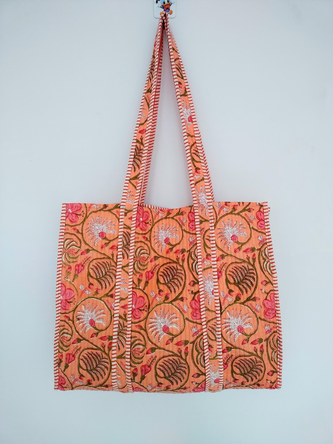 Floral Print Cotton Tote Bag, Quilted Bag, Women Shopping Orange Color ...