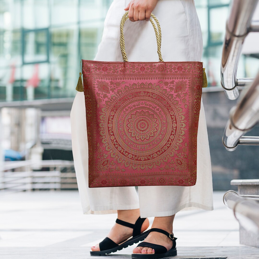 Silk Tote Bags, Indian Handmade Shopping Bag, Market Bag, Hippie Style ...