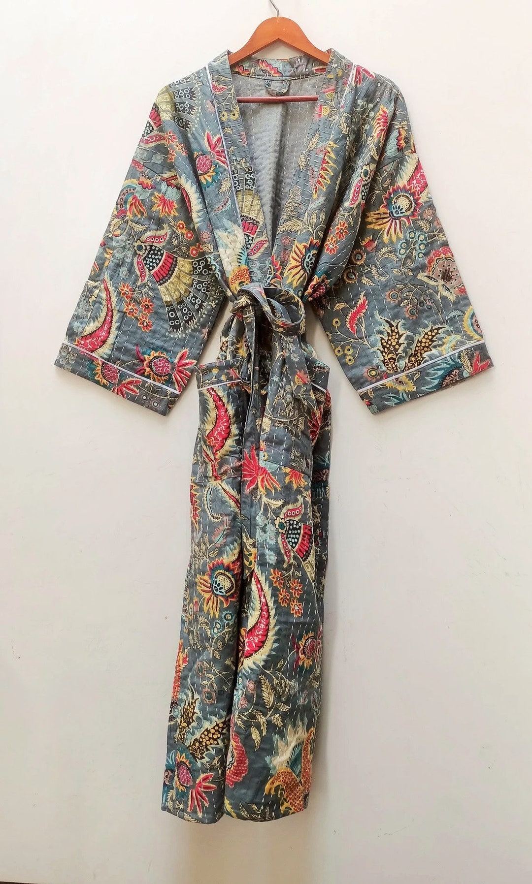 Kantha Quilt Long Jacket Kimono, Indian Handmade Robe, Women Robe ...