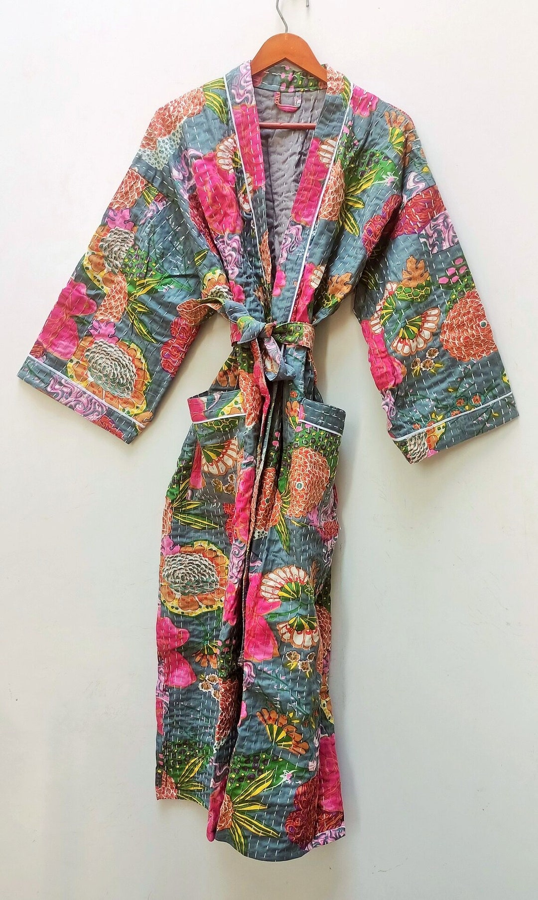 Handmade Kantha Robe, Women Robe, Quilted Bathrobe, Winter Long Robe ...