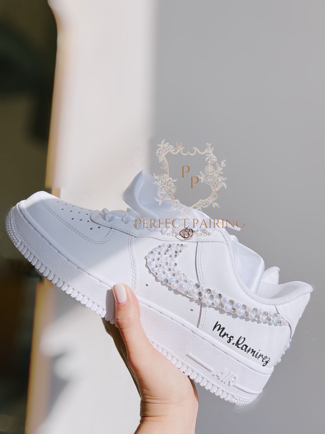 Customized Nike Air Force 1 Pearl Bridal Shoes – Personalized Wedding ...