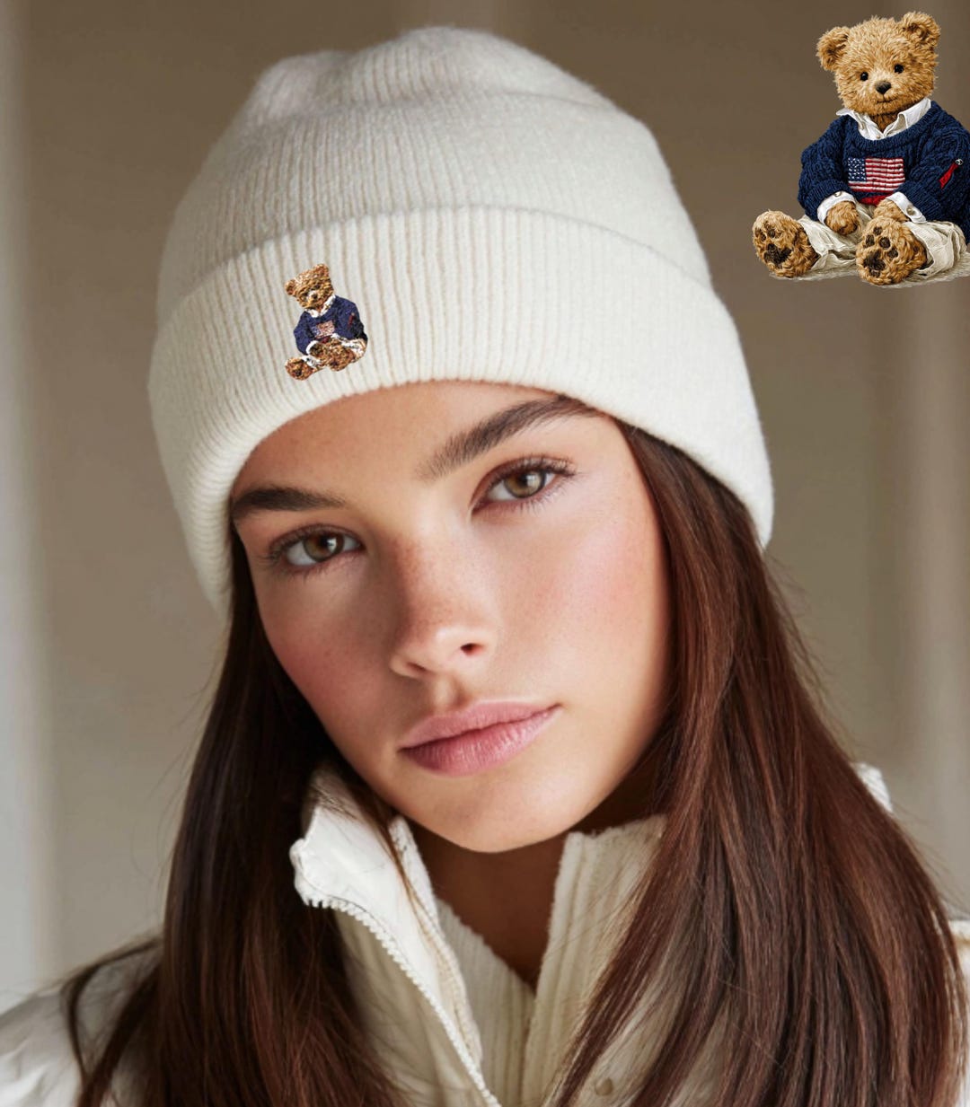 American Teddy Bear Embroidery Beanie, Classic Cuffed Winter Hat - Etsy