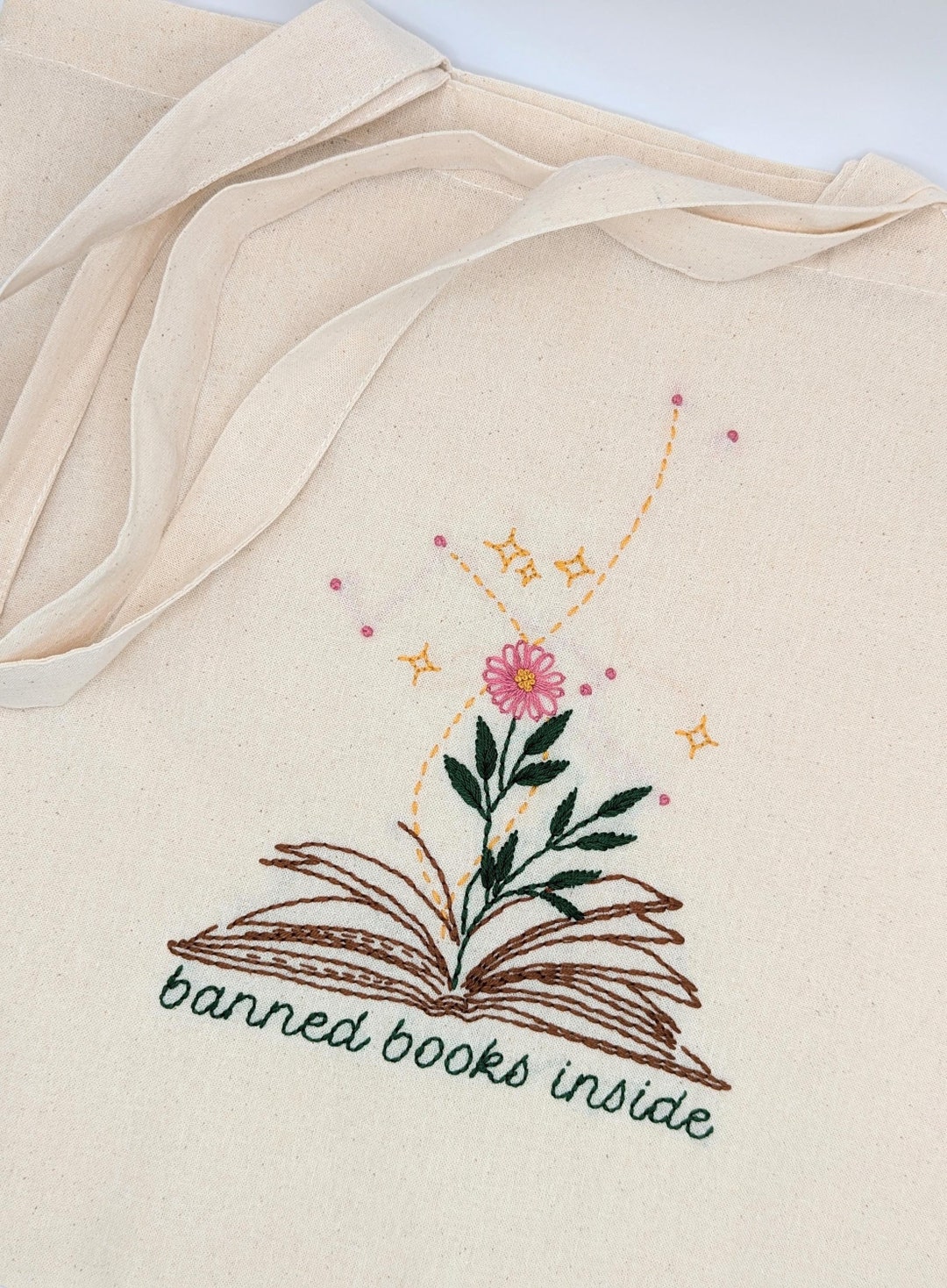 Hand-embroidered "banned Books Inside" Tote Bag, Books, Florals ...