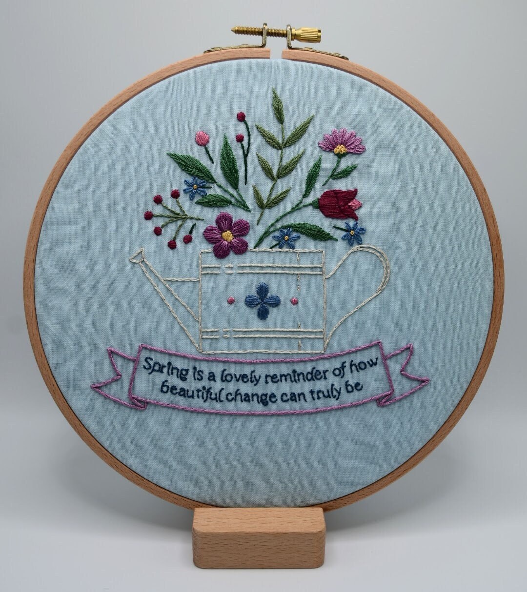 Hand-embroidered *SPRING* 9-inch Embroidery Hoop, Light Blue Fabric W ...