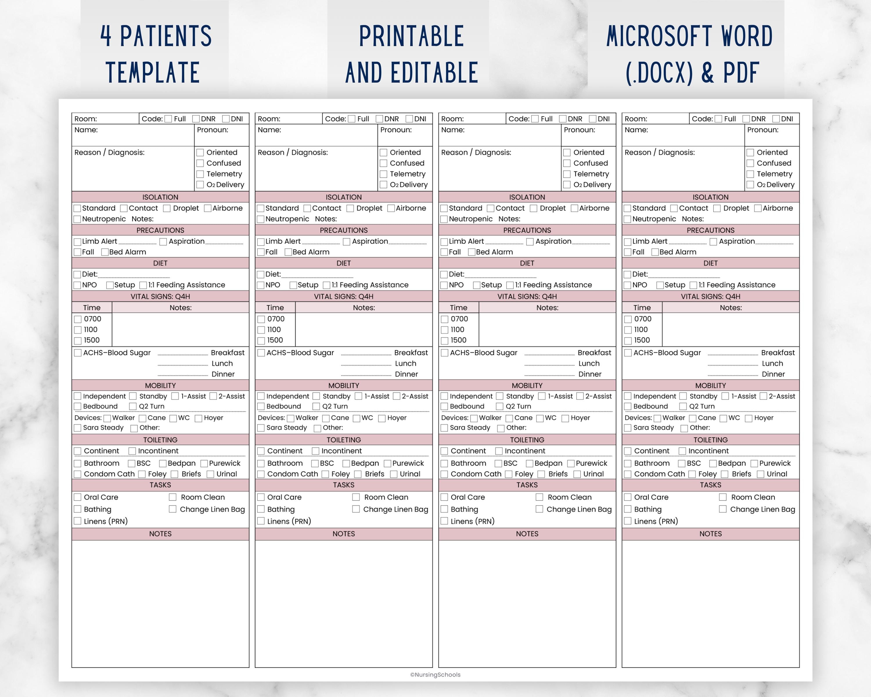 CNA Shift Report Sheet for 4 Patients, Nursing Assistant Brain Sheet ...