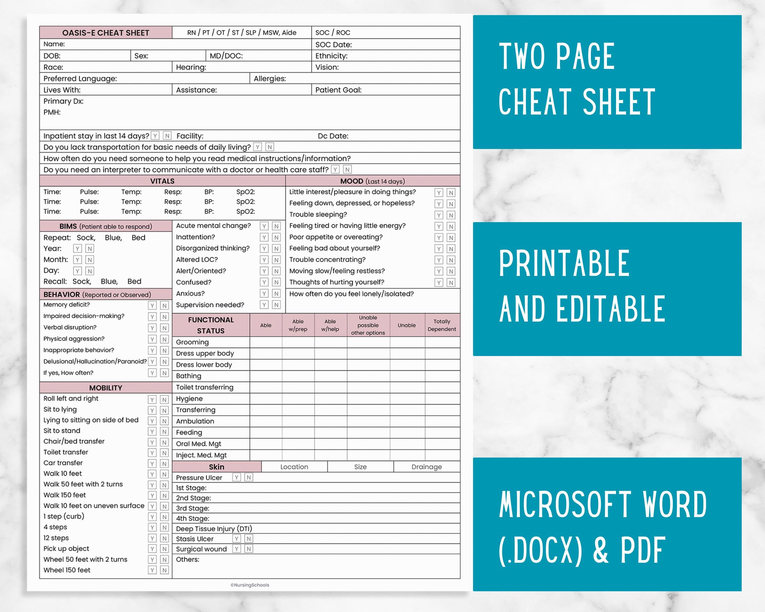 OASIS-E Cheat Sheet, OASIS Home Health Nurse Toolkit, SOC, Start of ...