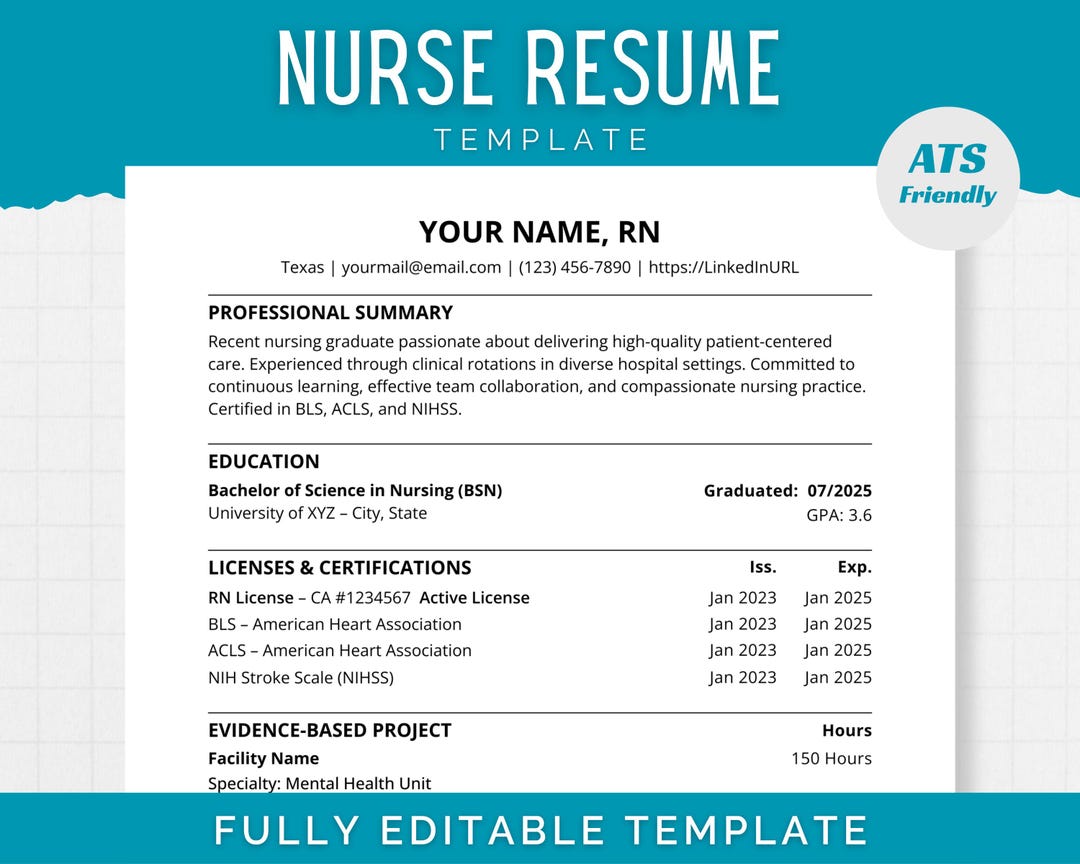 Nurse Resume Template ATS Friendly, Registered Nurse Resume Template RN ...