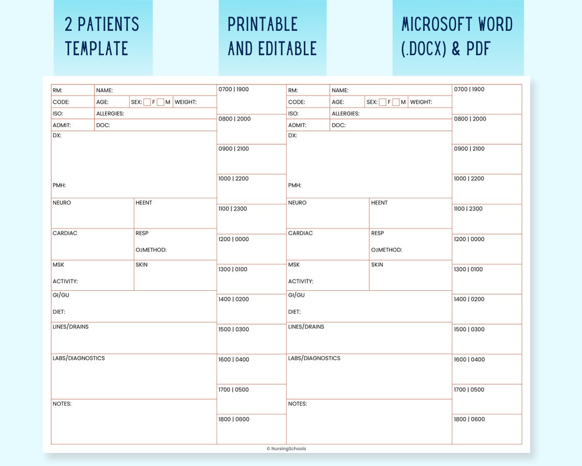 Pediatric Nurse Report Sheet for 2 Patients, Peds Nurse Brain ...