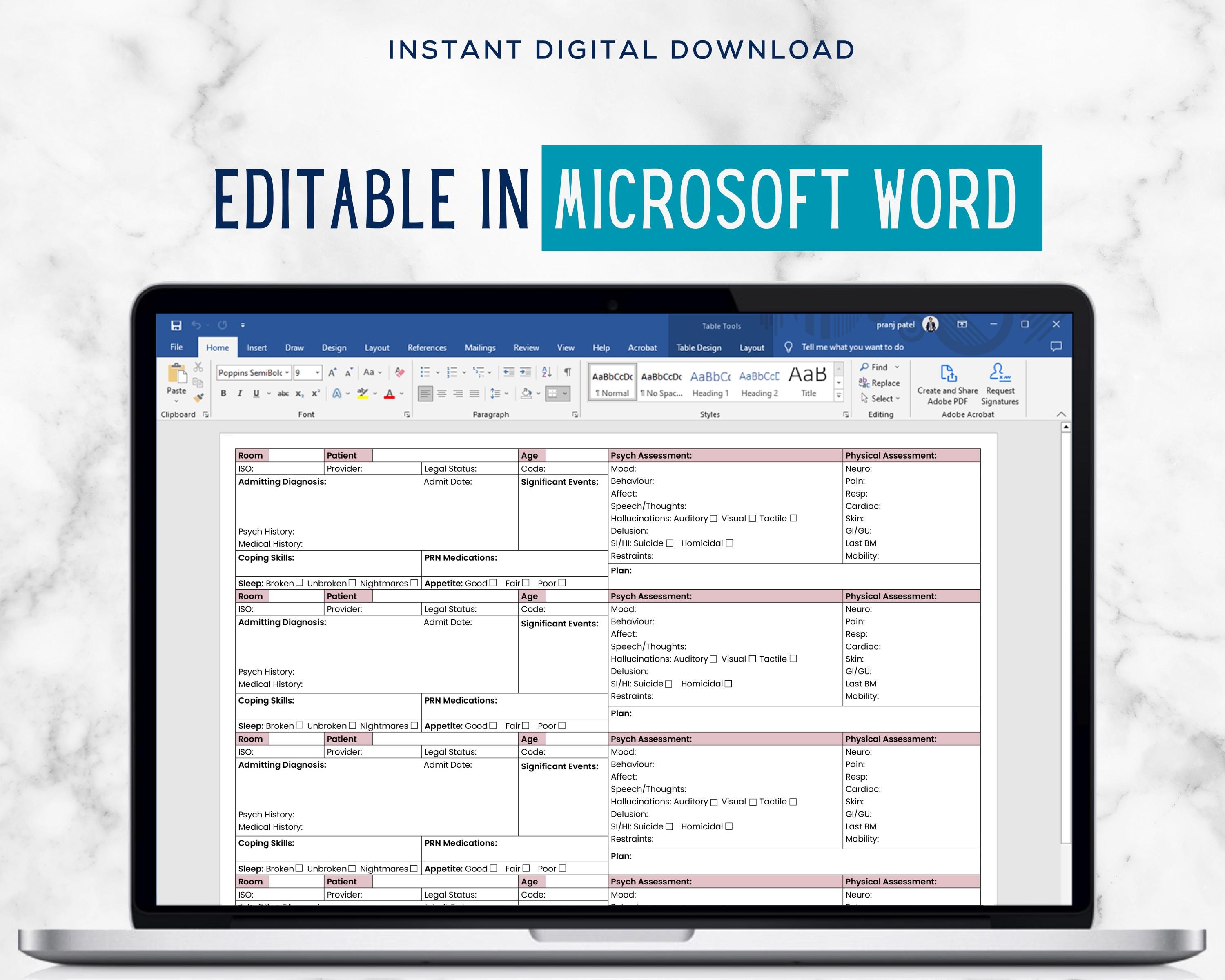 Psych Nurse Report Sheet for 4 Patients, Mental Health Handoff ...