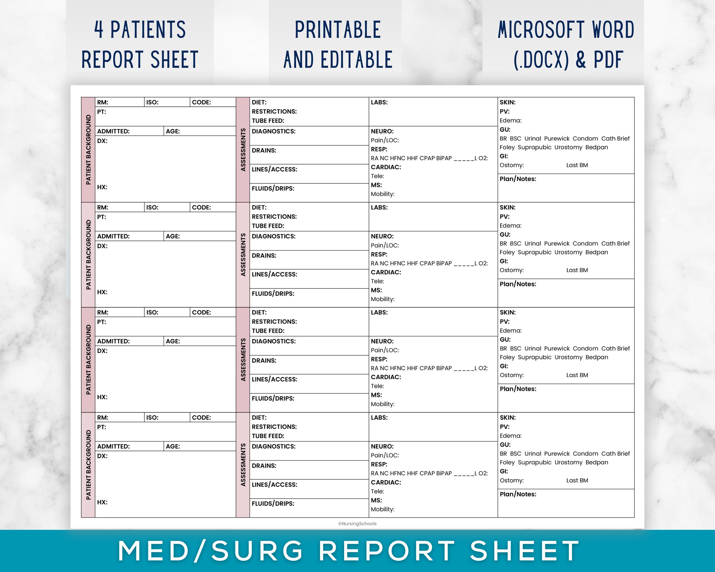 Med Surg Nursing Brain Sheet for 4 Patients, Medical Surgical Nurse ...