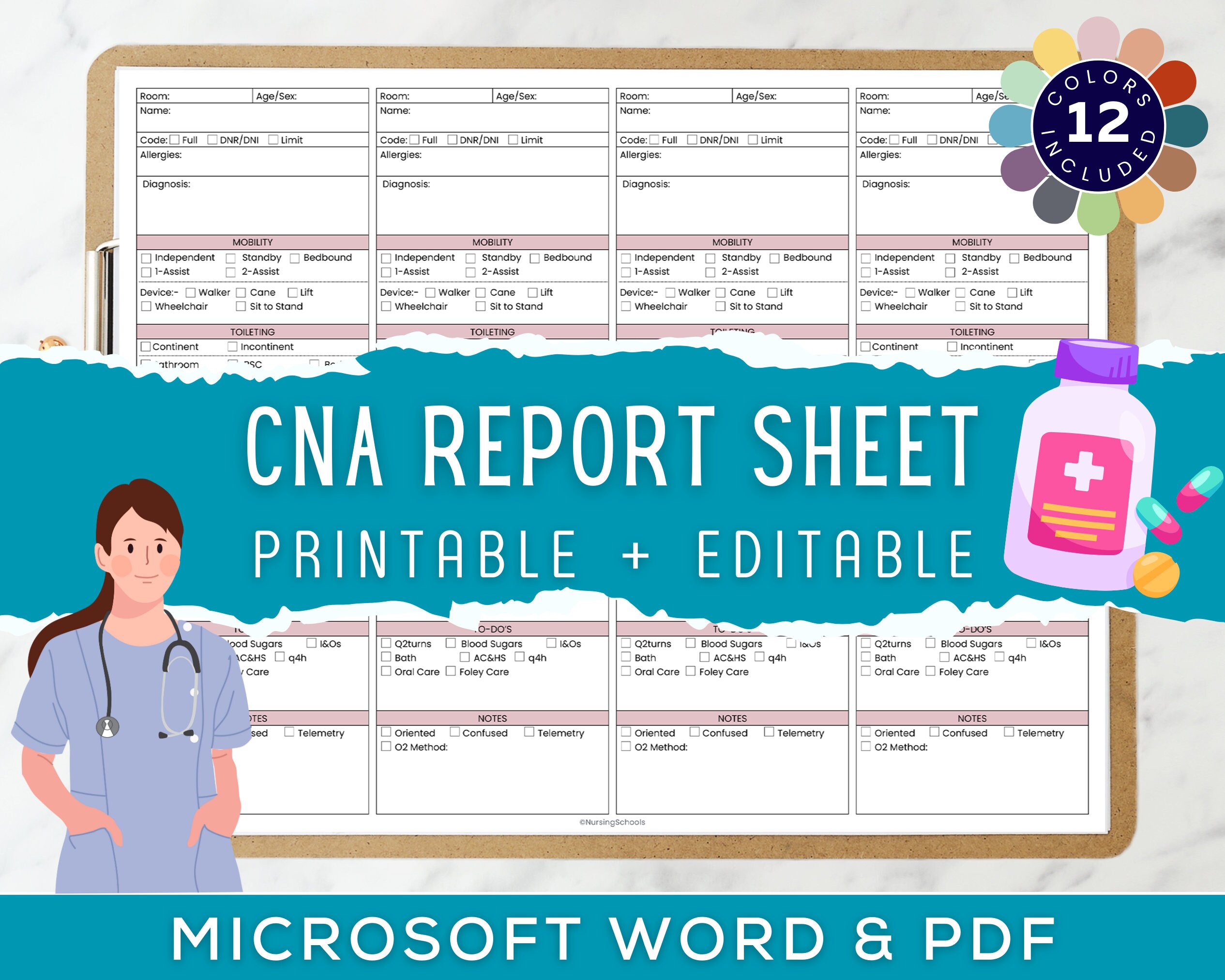 Patient Care Tech/nurse Assistant Report Sheetfor 4 Patients, Pct, CNA ...