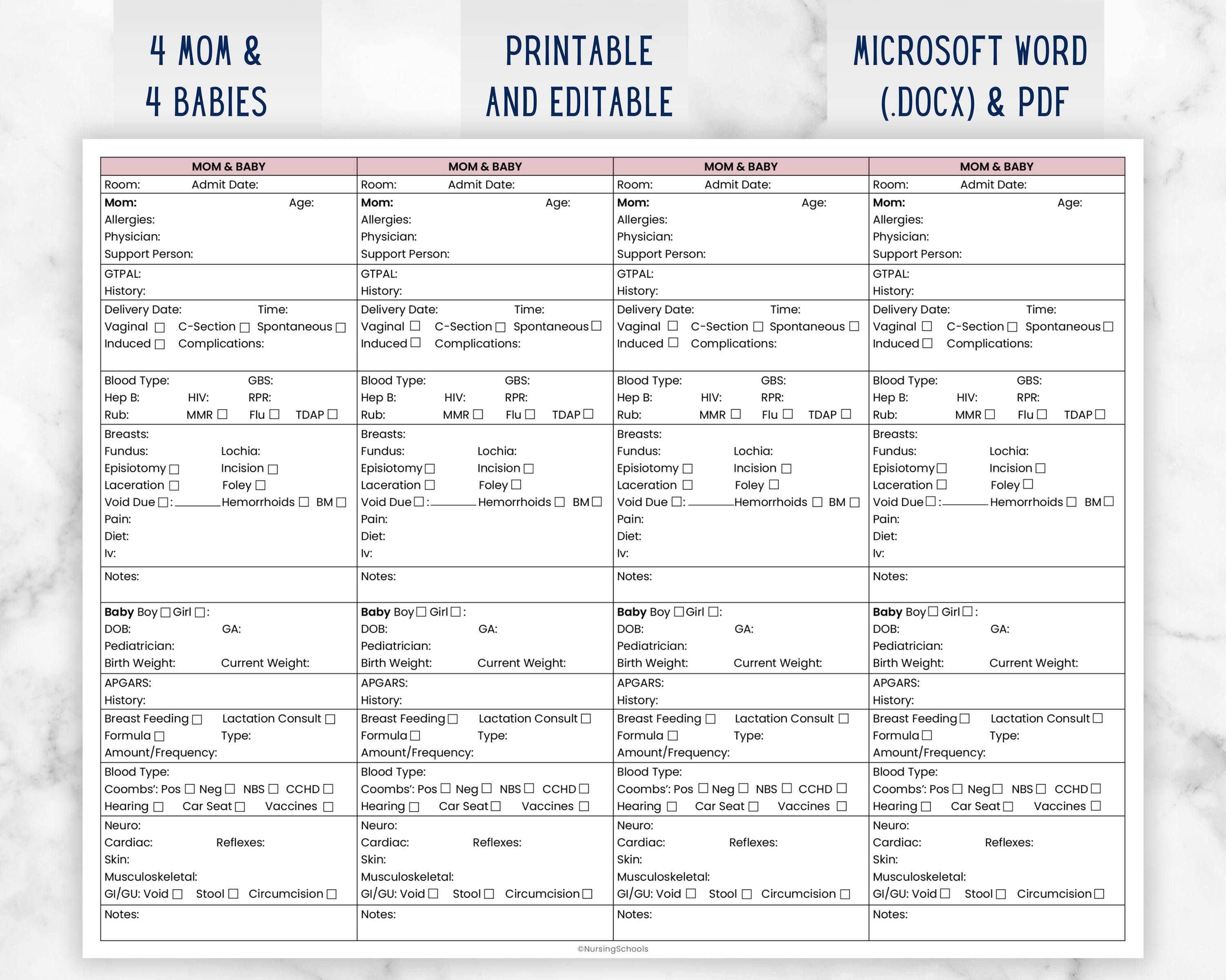 Mom & Baby Nurse Brain Report Sheet, 4 Mom and 4 Babies, Postpartum ...